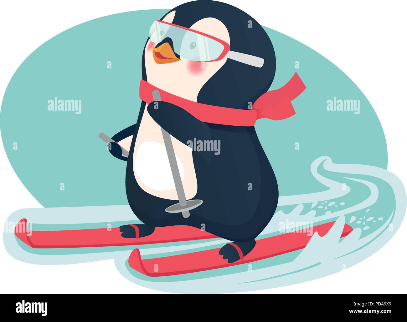 Penguin riding on skis on snow. Penguin cartoon vector illustration ...