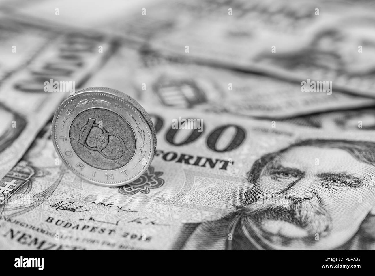 Hungarian 100 forint coin standing on its edge on 20000 forint ...