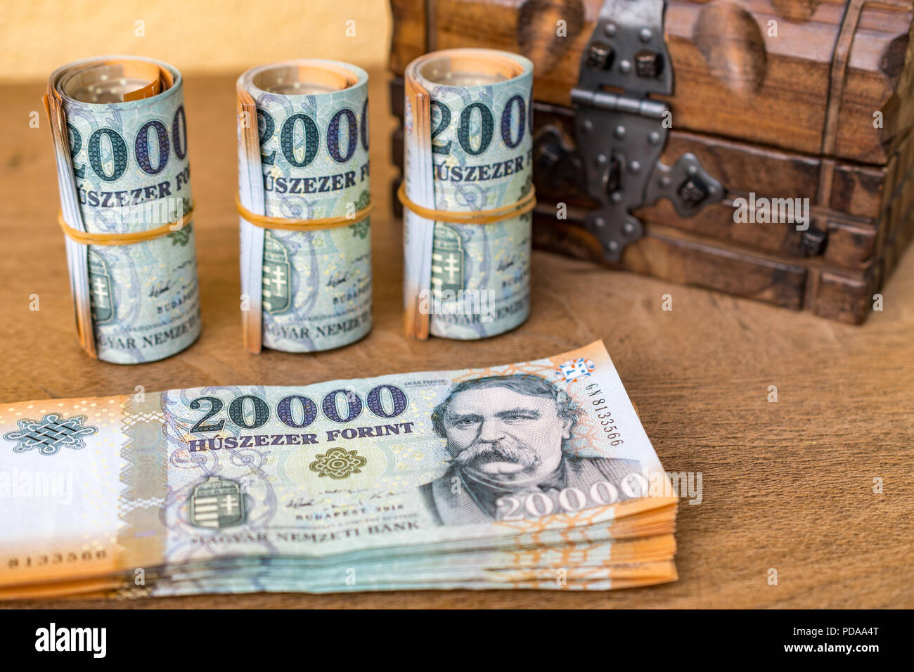 Stack of Hungarian money (forint) and rolled up 20000 forint banknotes ...