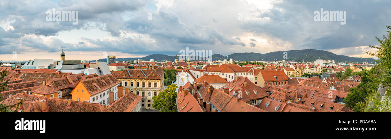Panorama of the old town of Graz seen from Castle Hill during a cloudy ...
