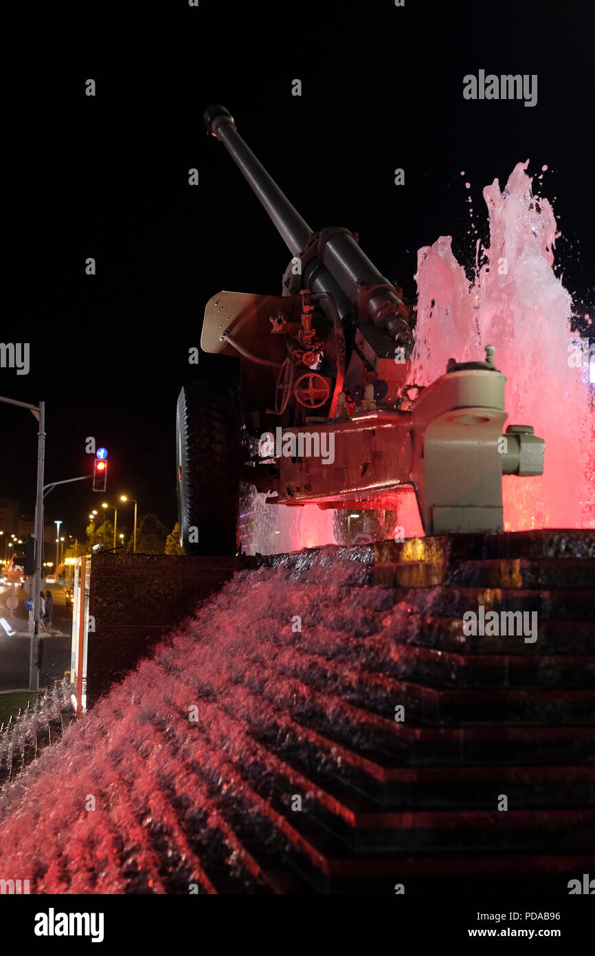 View at night of the "Cannon Fountain" which is a M-46 towed 130 mm ...