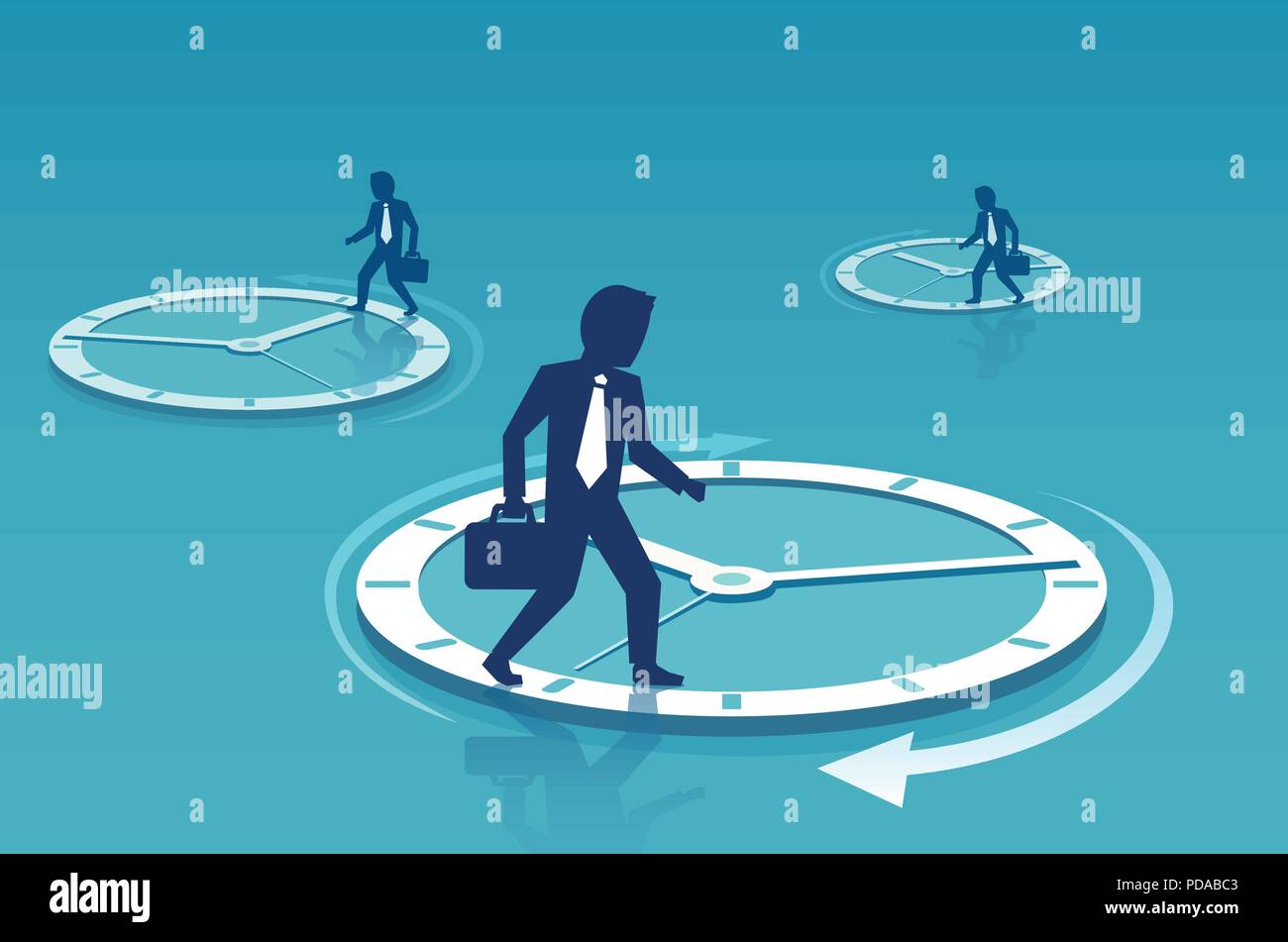 Concept vector of businessmen walking on circles of time clocks busy ...