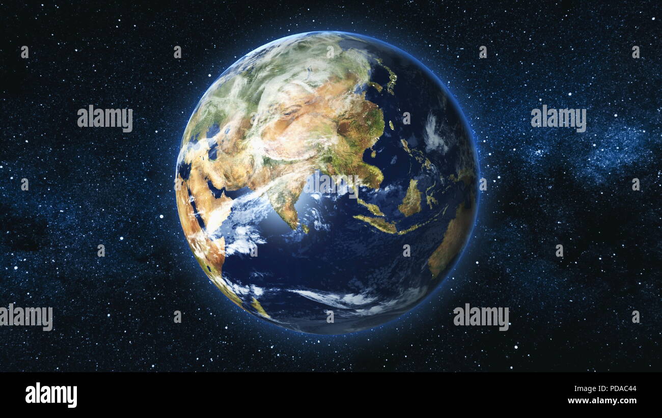 Realistic Earth Planet, rotating on its axis in space against the ...