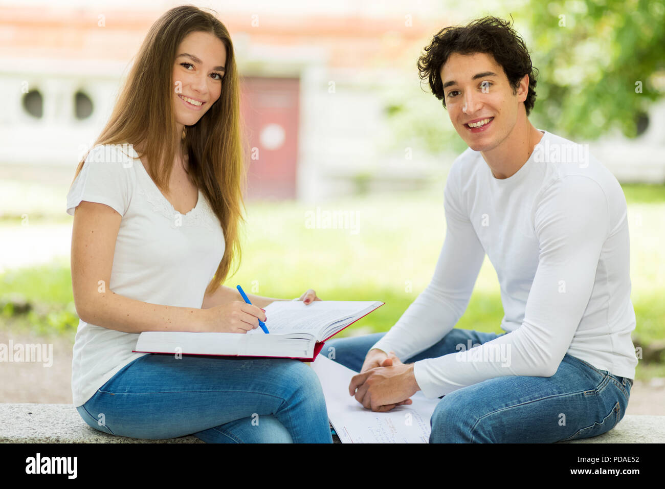 Two students studying together sitting on a bench outdoor Stock Photo ...