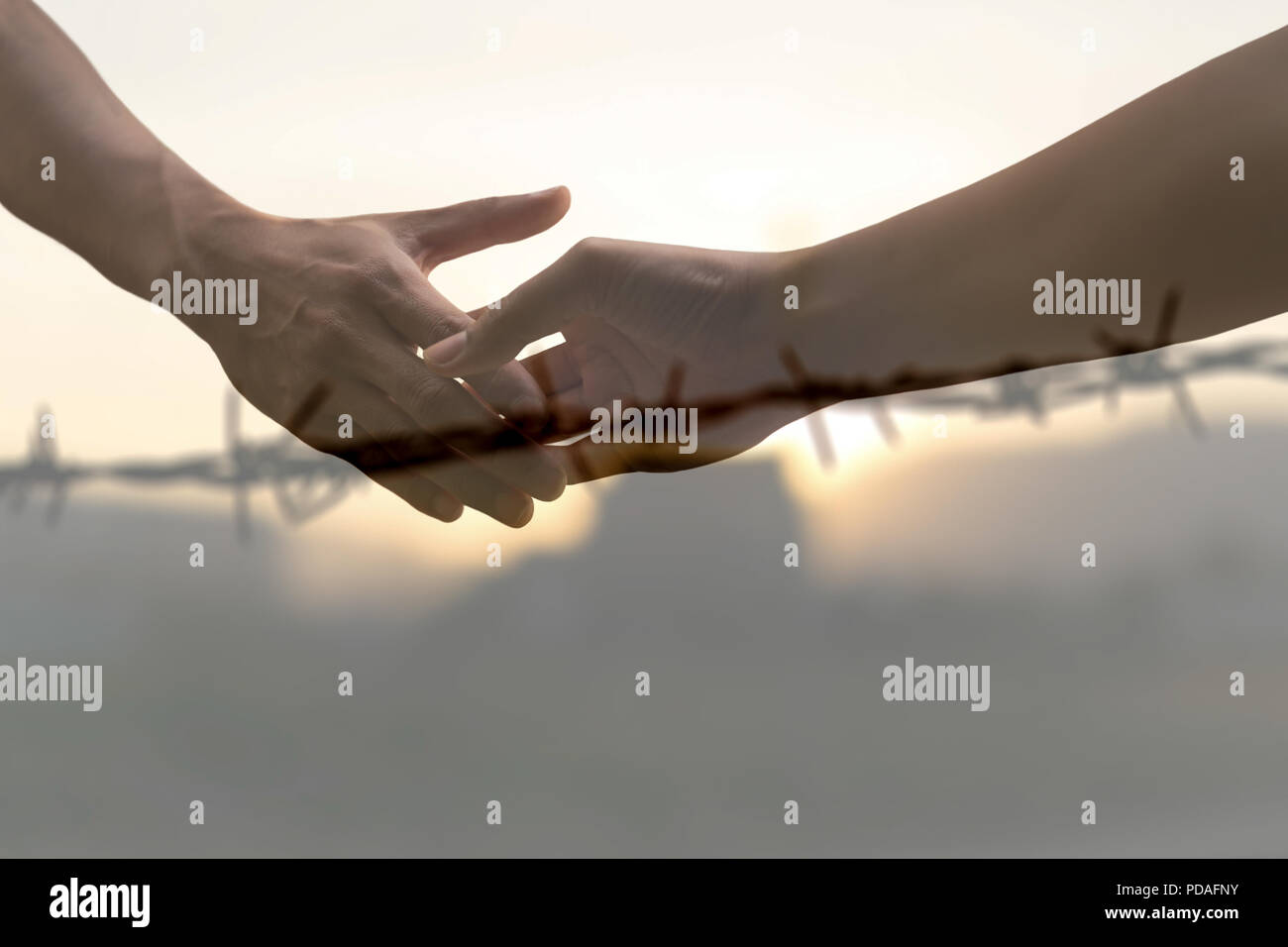 Conceptual peace shaking hands with blurred bared wire and sunset Stock ...