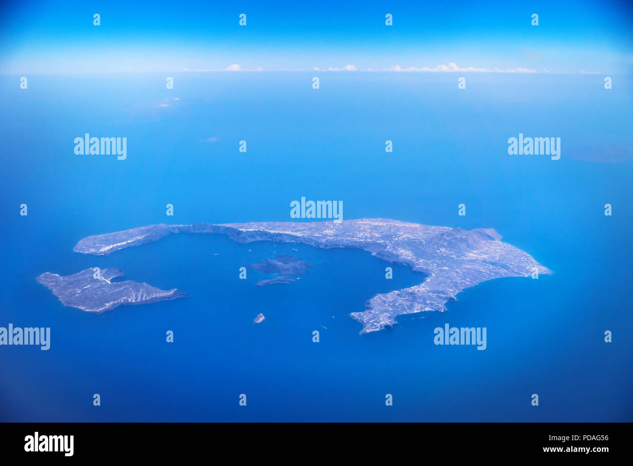 Aerial view from Santorini Island from a plane on a cloudless day ...
