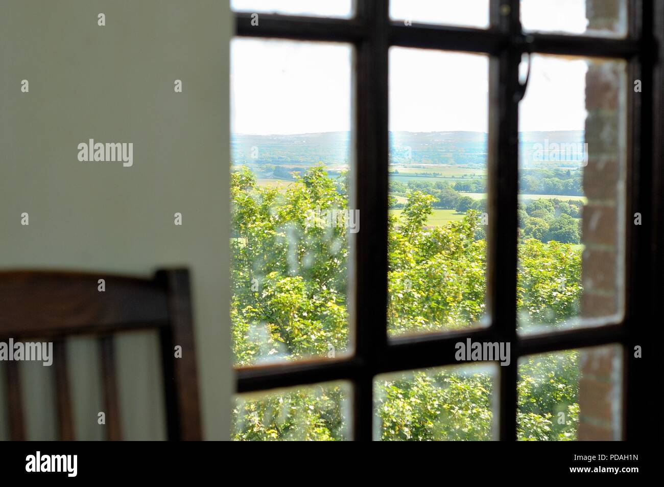 Looking out of an old wooden frame window from a tower in the woods ...