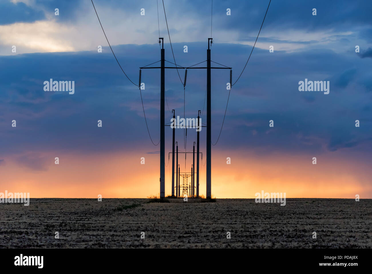 Rural landscape with power poles at sunrise Stock Photo - Alamy