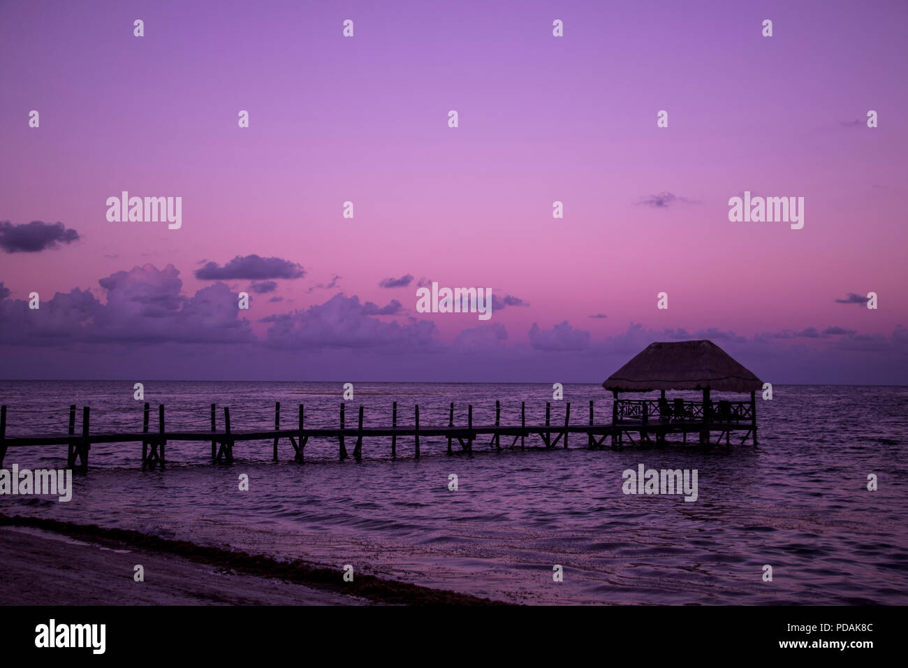 Holiday sunset with floating wooden pier on the ocean. Pink and purple ...