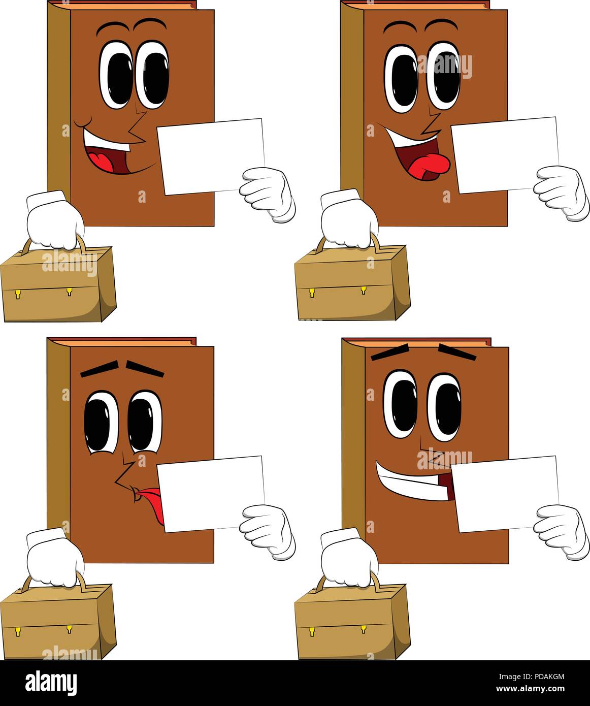 Books with suitcase and white paper. Cartoon book collection with happy ...