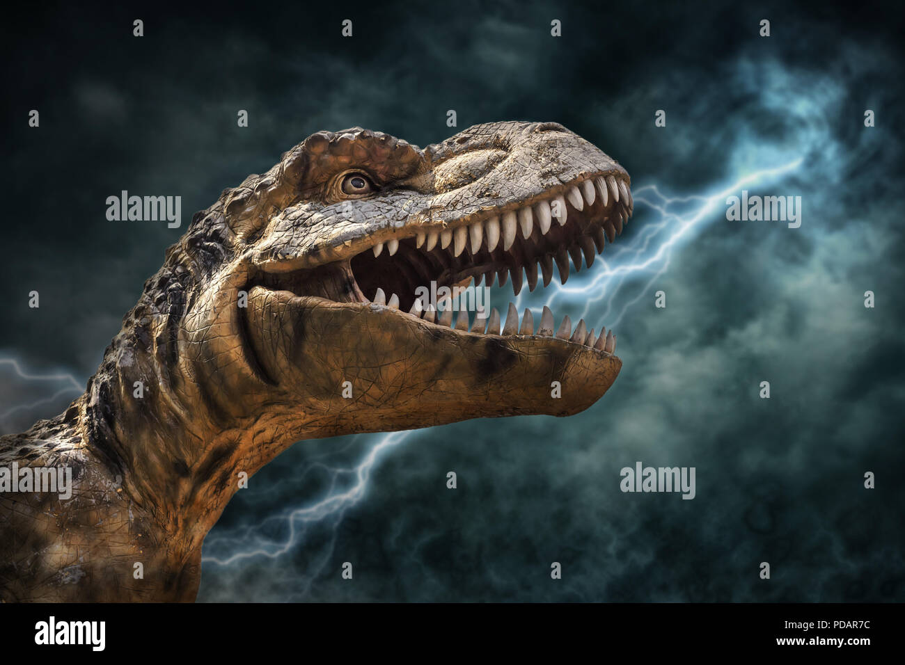 3D Tyrannosaurus rex in the storm lightning Stock Photo - Alamy