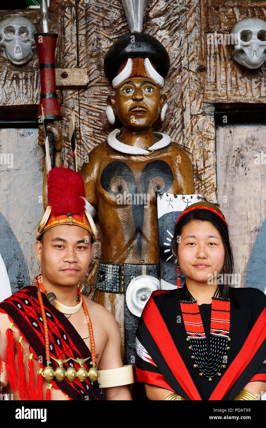 Couple of Naga tribal people in traditional clothing, Kisima Nagaland Hornbill festival, Kohima ...