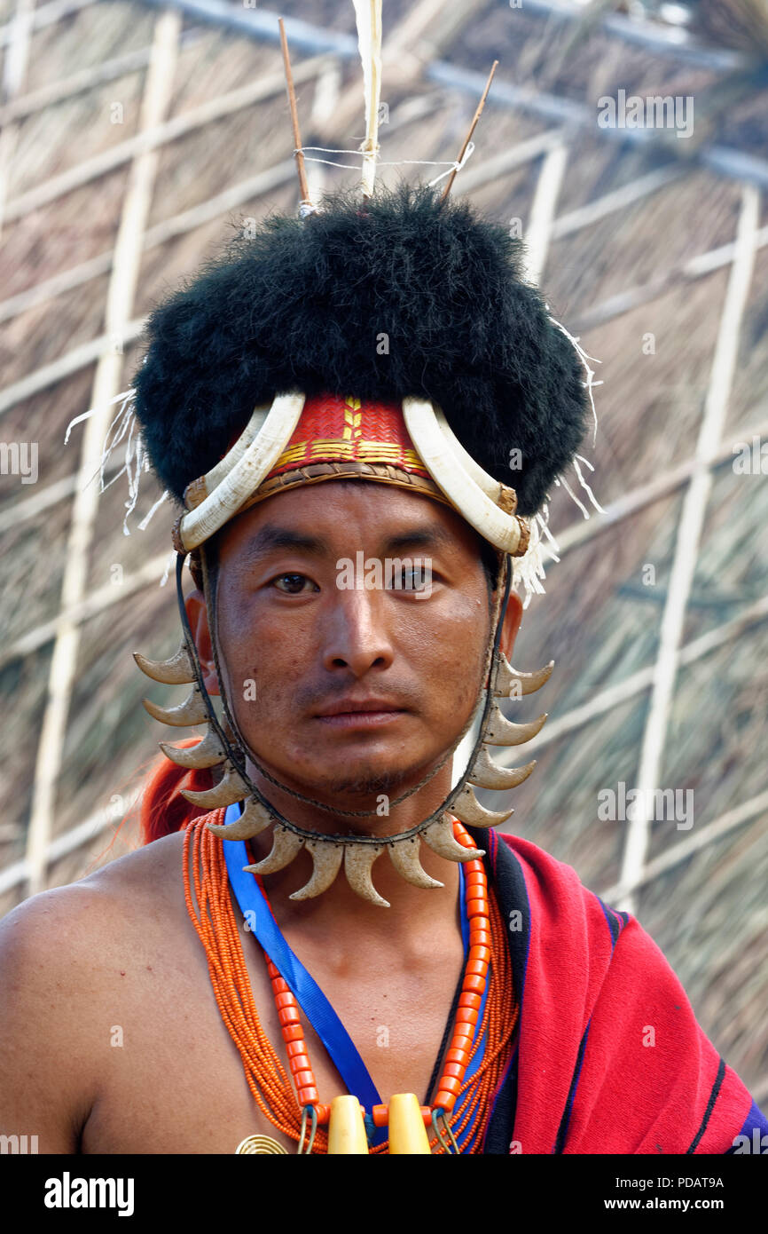 Naga tribal man in traditional outfit, Kisima Nagaland Hornbill ...