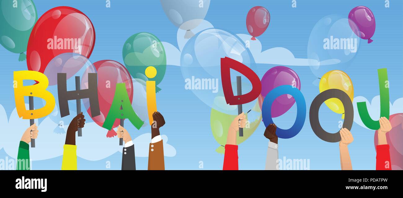 Diverse hands holding letters of the alphabet created the word Bhai ...
