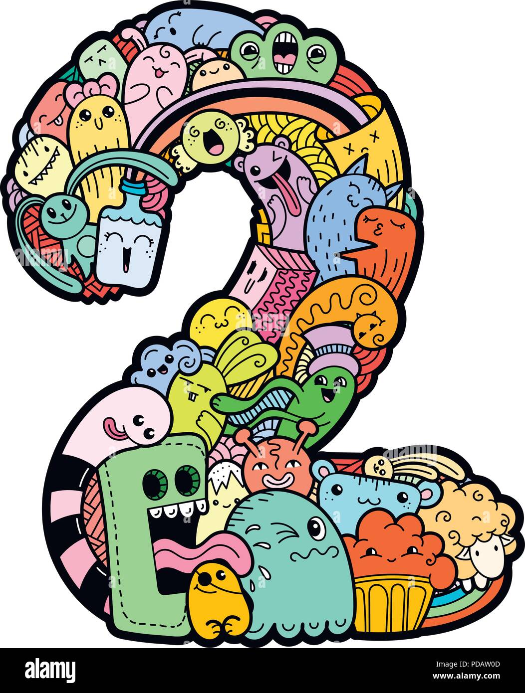 Number Two. Hand drawn doodled kids numbers. Cute monstred numbers ...