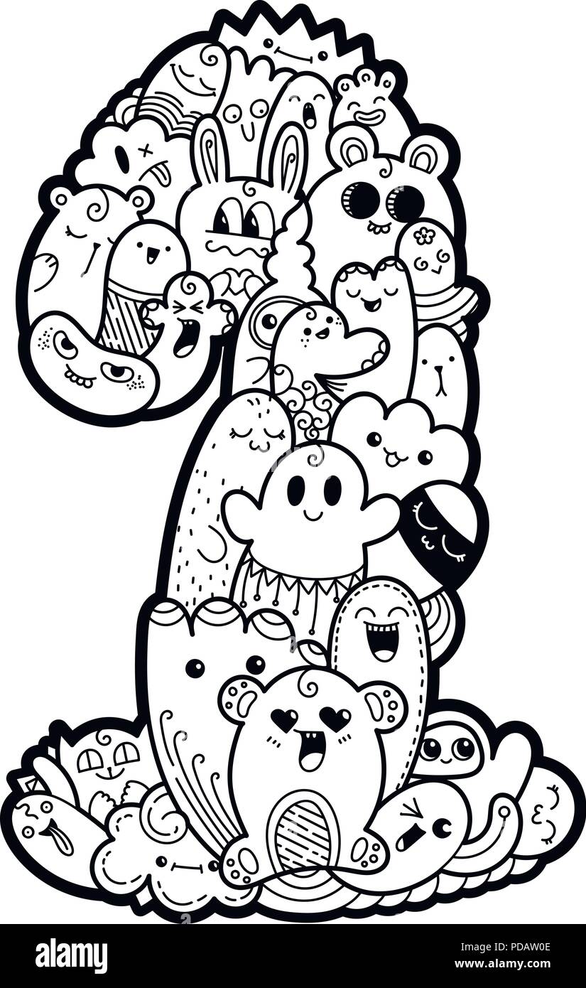 Number One. Hand drawn doodled kids numbers. Cute monstred numbers ...