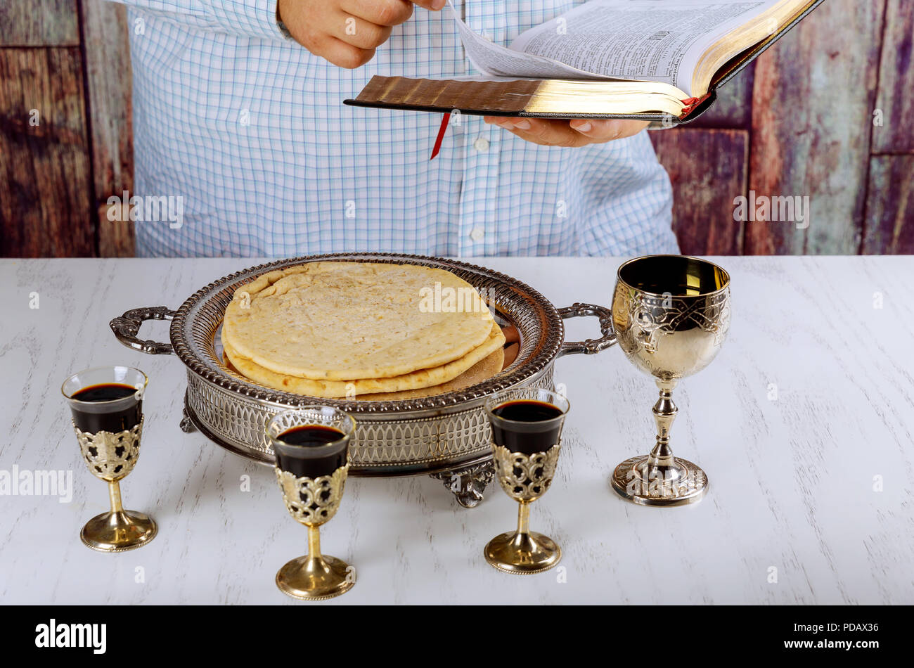 Holy communion on wooden table on church. Communion.Cup of glass with ...