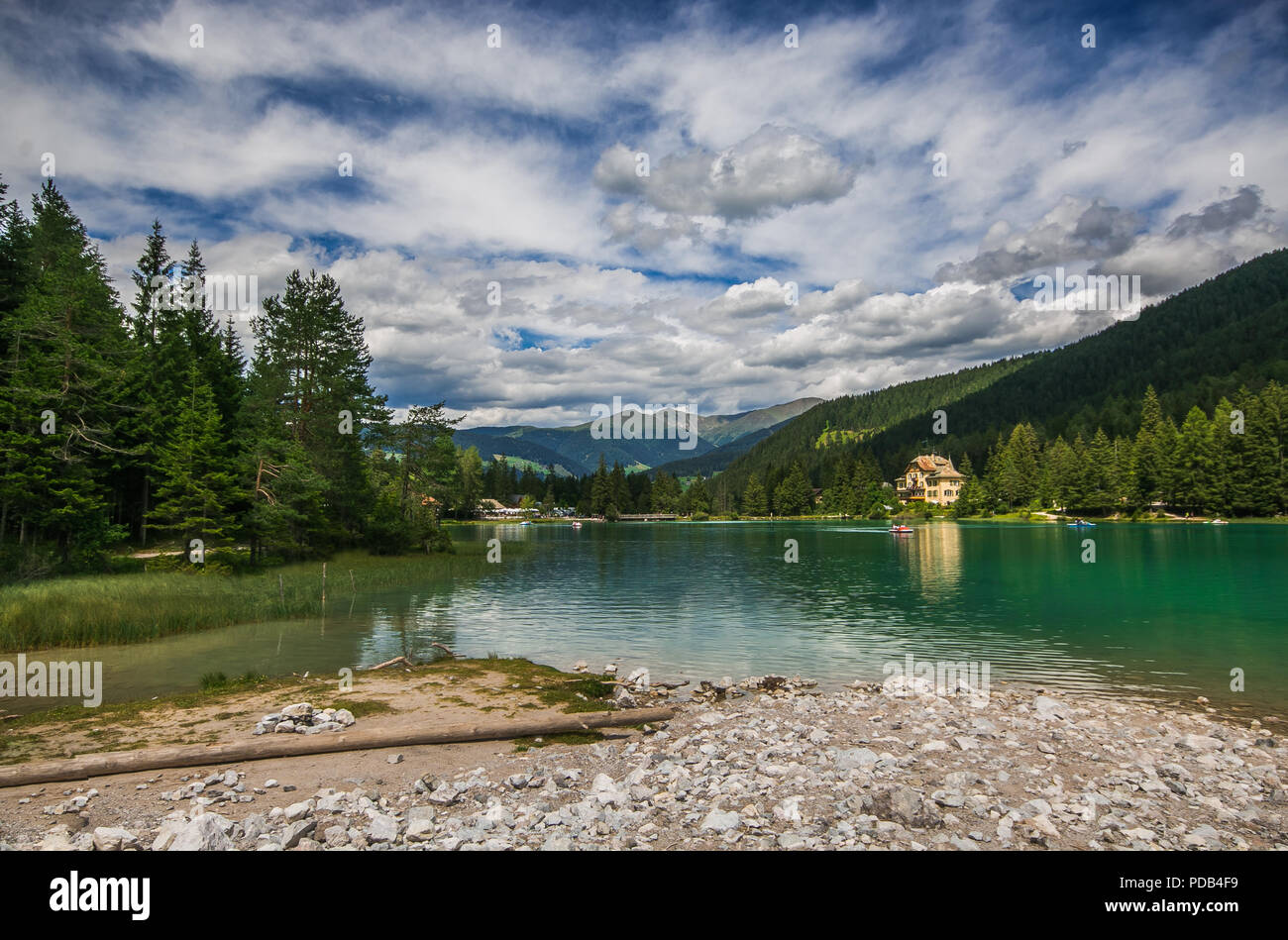Wonderful view of Dobbiaco lake (Toblacher see) in Trentino Alto-Adige ...