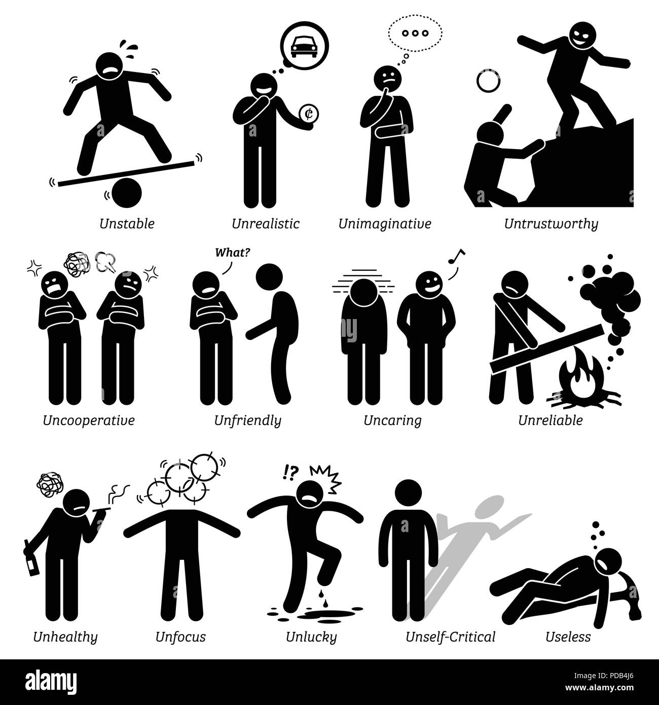 Negative Personalities Character Traits. Stick Figures Man Icons. Starting with the Alphabet U ...