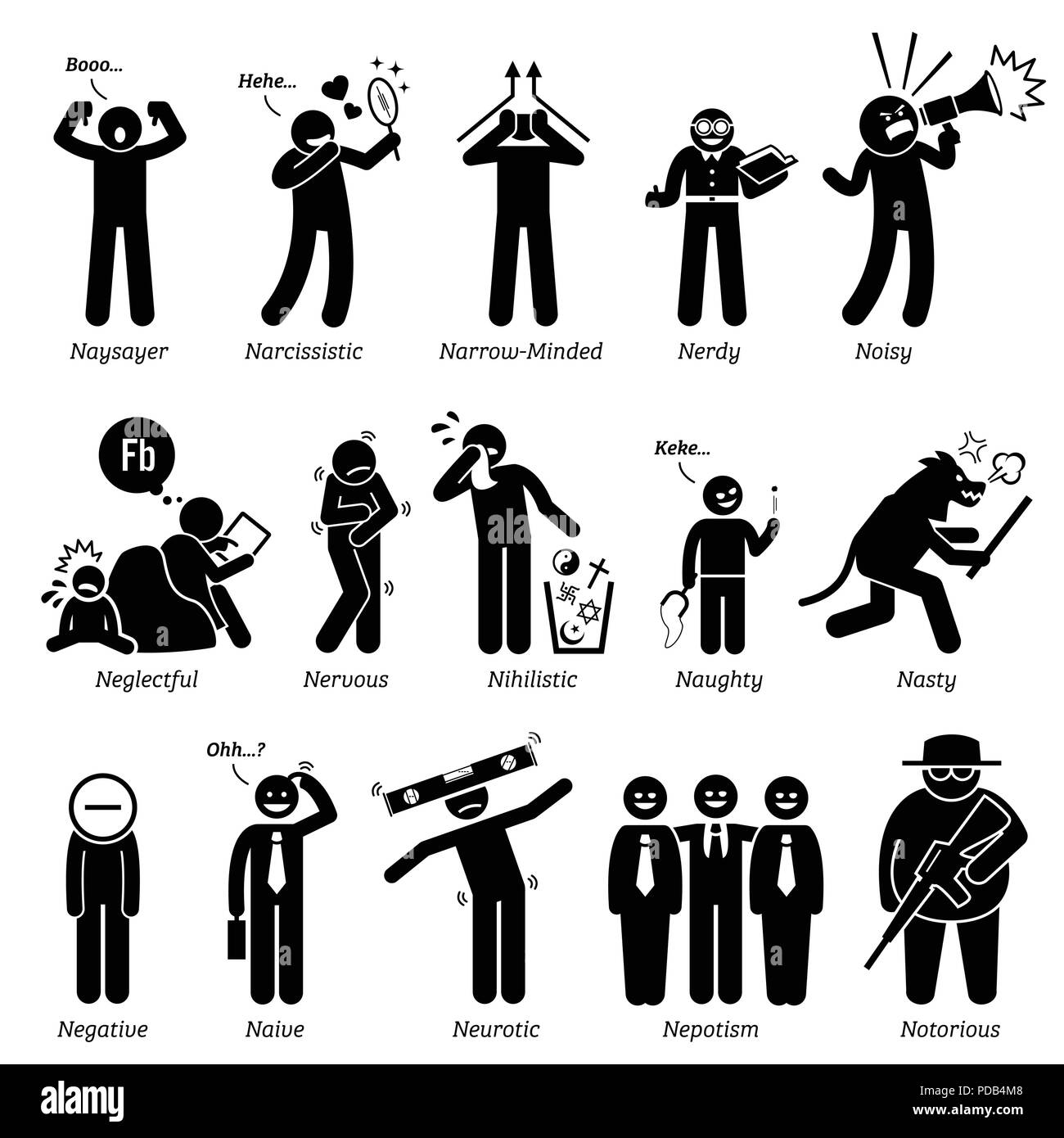 Negative Personalities Character Traits. Stick Figures Man Icons. Starting with the Alphabet N ...