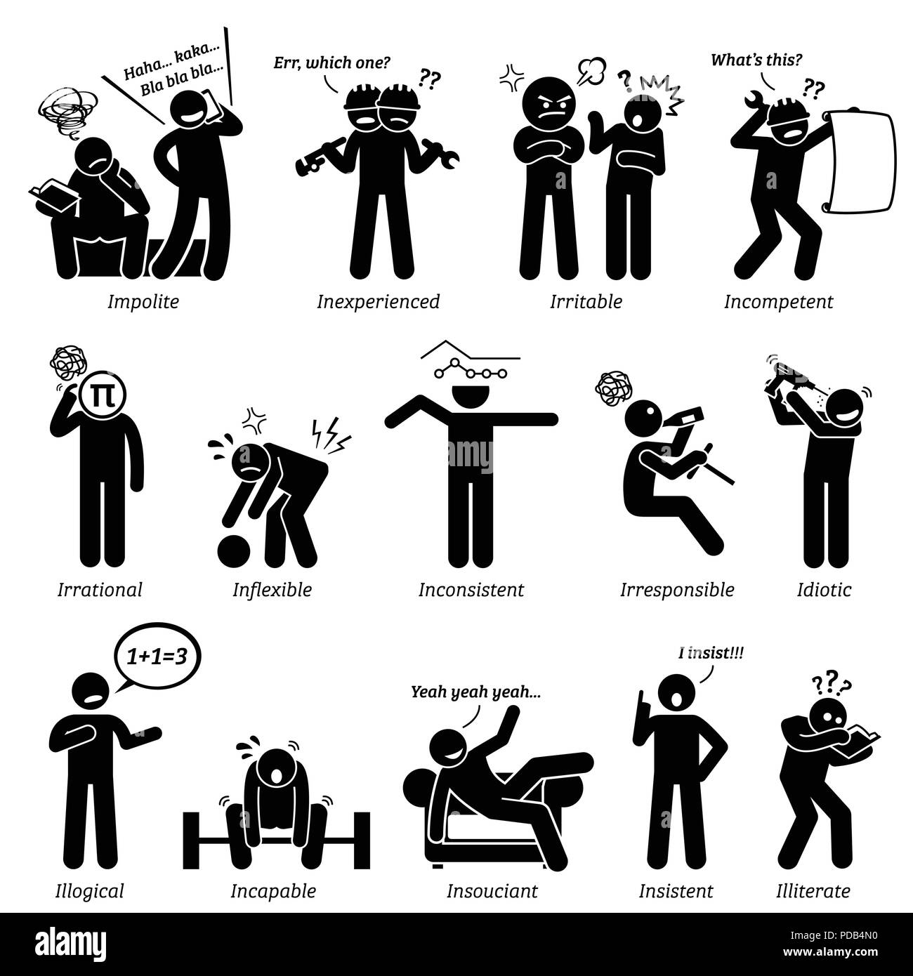 Negative Personalities Character Traits. Stick Figures Man Icons. Starting with the Alphabet I ...