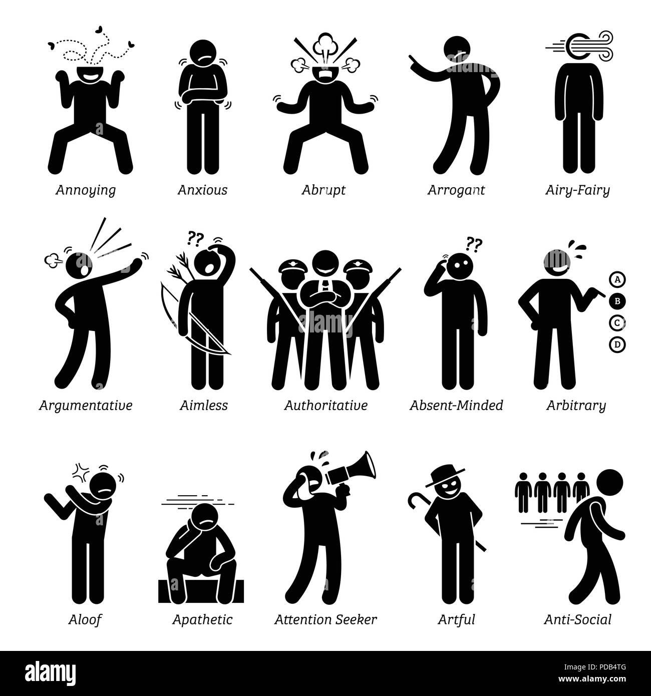 Negative Bad Personalities Character Traits. Stick Figures Man Icons ...