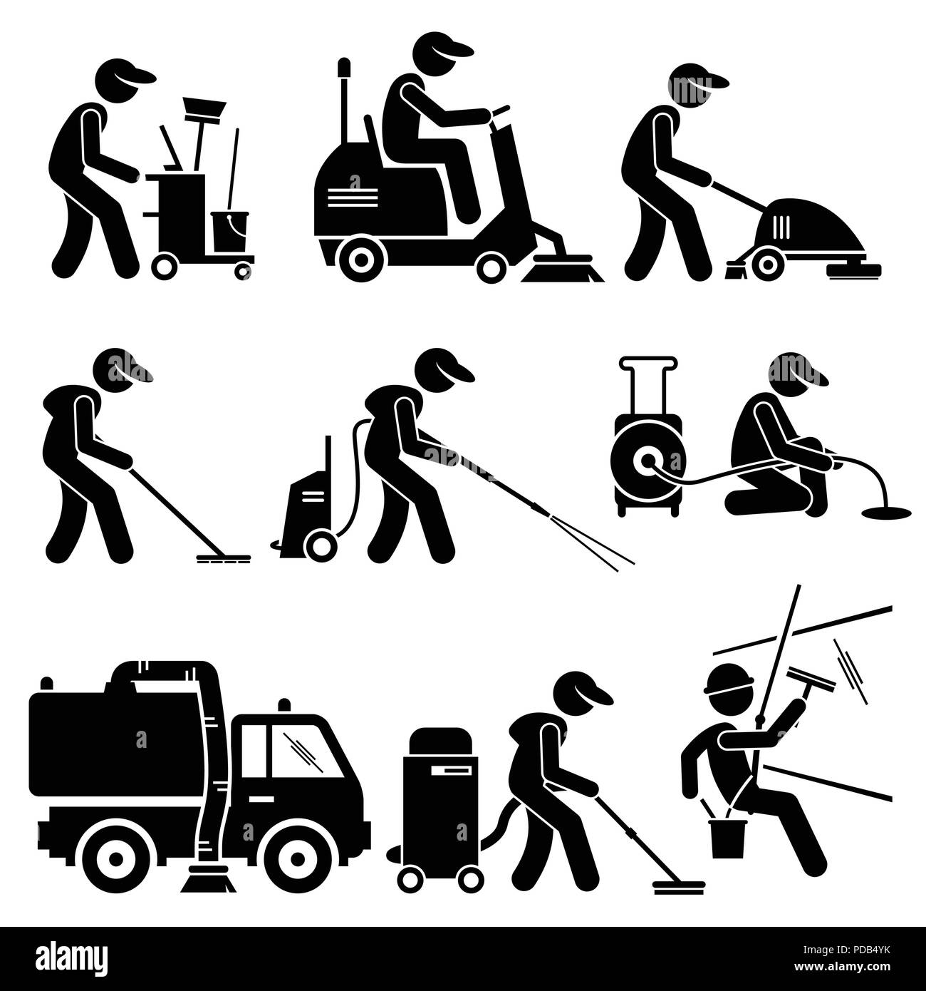 Industrial Cleaning Worker with Tools and Equipment Stick Figure ...
