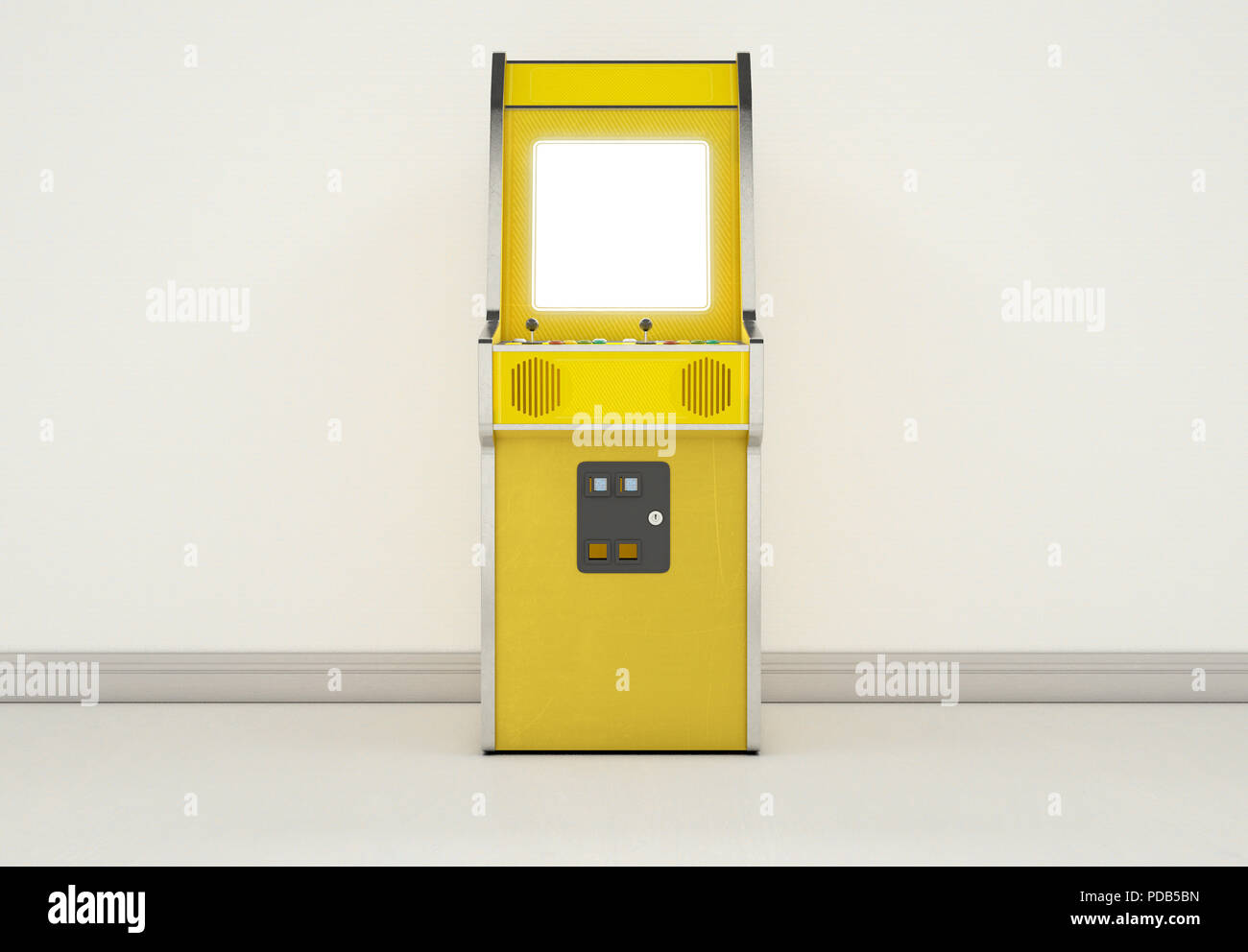 A vintage yellow unbranded arcade machine with a blank screen on a ...