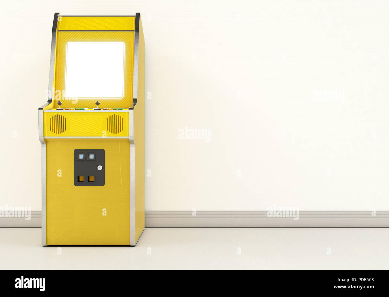 A vintage yellow unbranded arcade machine with a blank screen on a ...