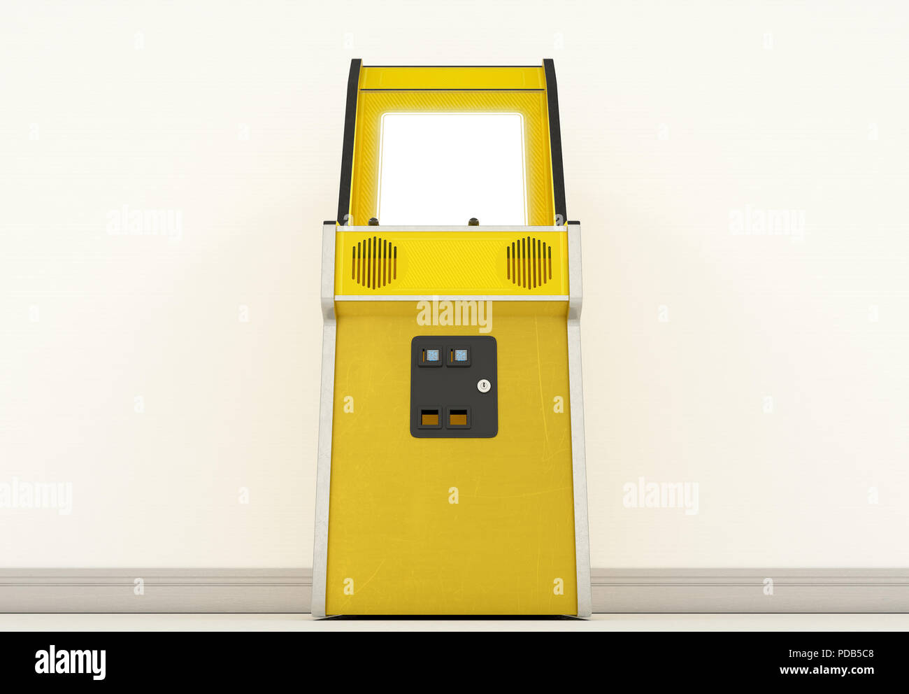 A vintage yellow unbranded arcade machine with a blank screen on a ...