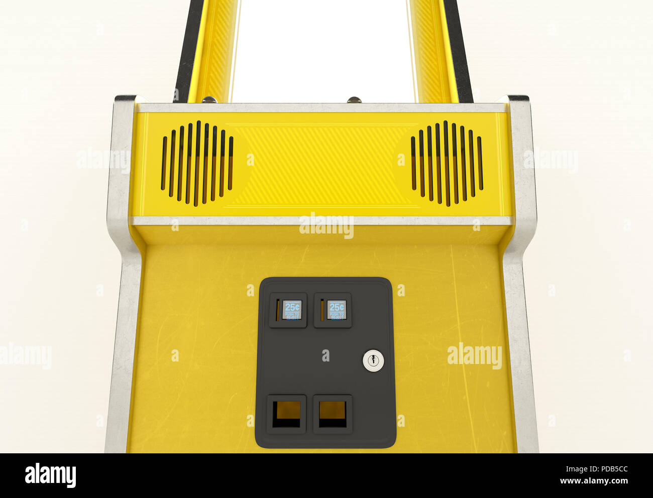 A vintage yellow unbranded arcade machine with a blank screen on a ...