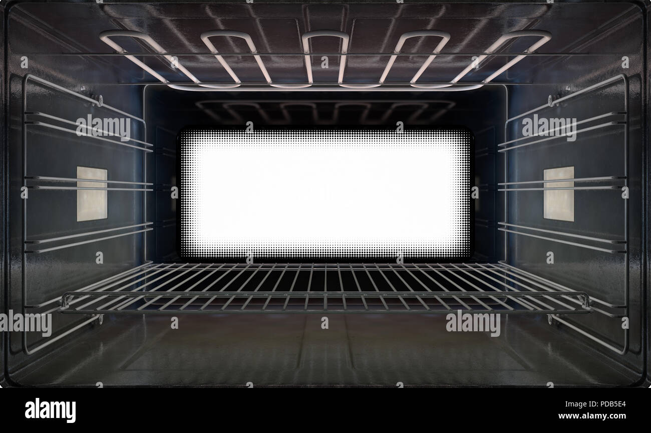 A cross section upclose view from inside an empty household oven ...