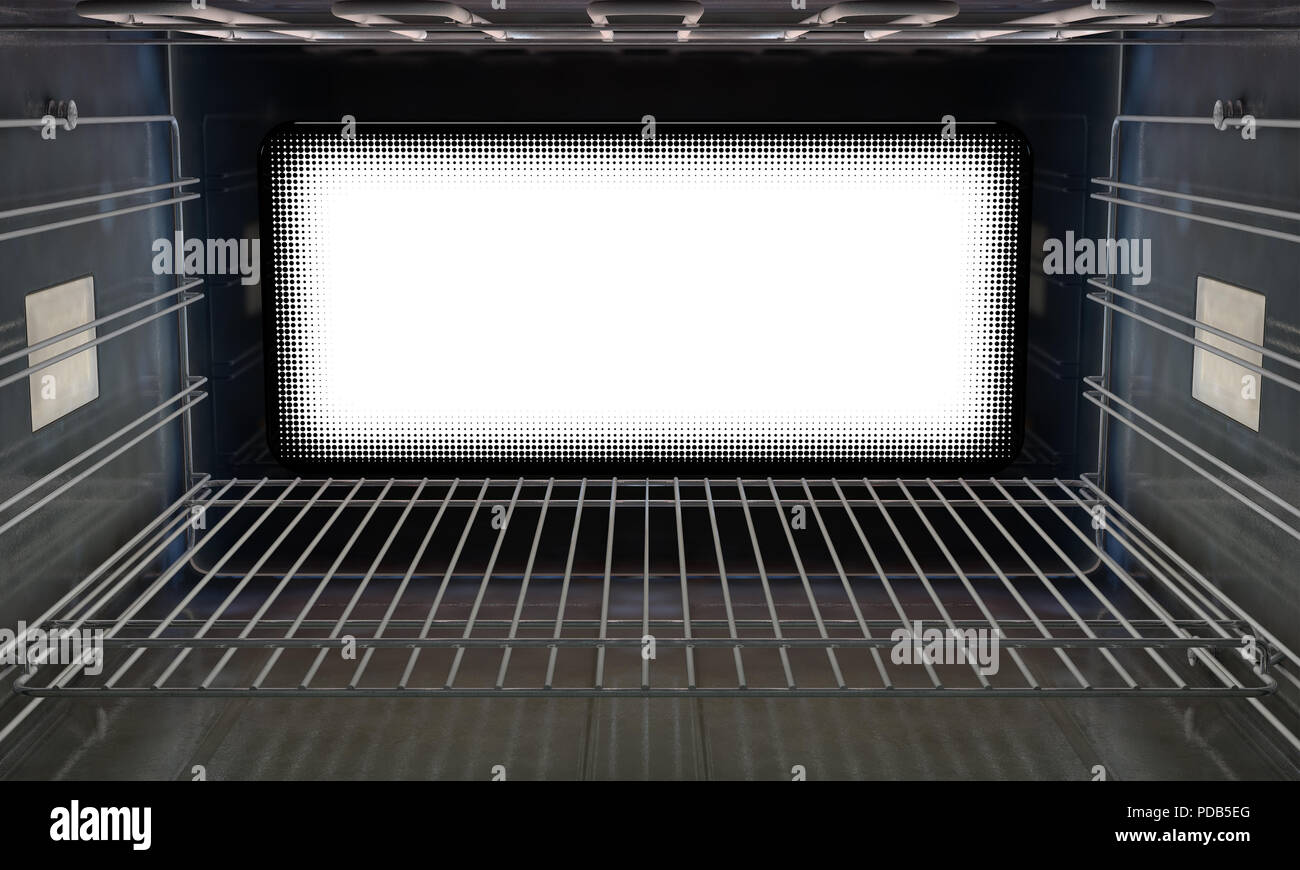 A cross section upclose view from inside an empty household oven ...