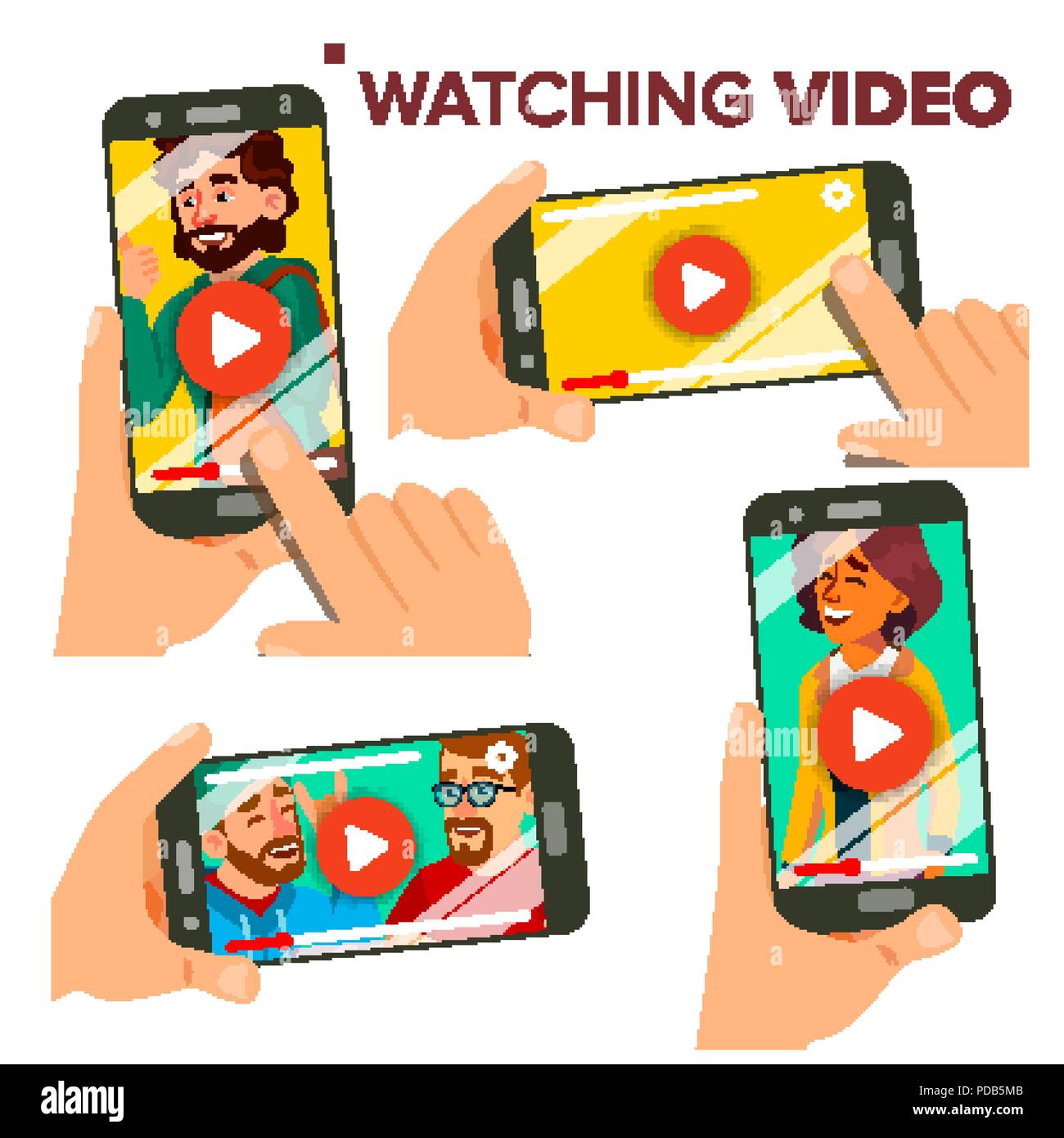 Watching Video On Smartphone Vector. Set. Mobile Phone. Red Play Symbol ...