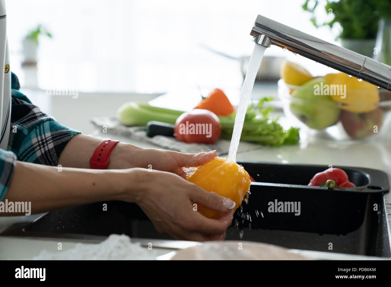 Hands woman washing vegetables. Preparation of fresh salad Stock Photo ...