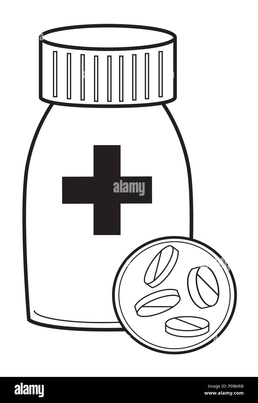 Linear drawing of a medical bottle . Medications and pills.Isolated ...