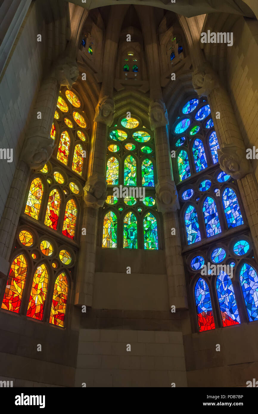 Colorful geometric stained glass windows in the Sagrada Familia - large ...
