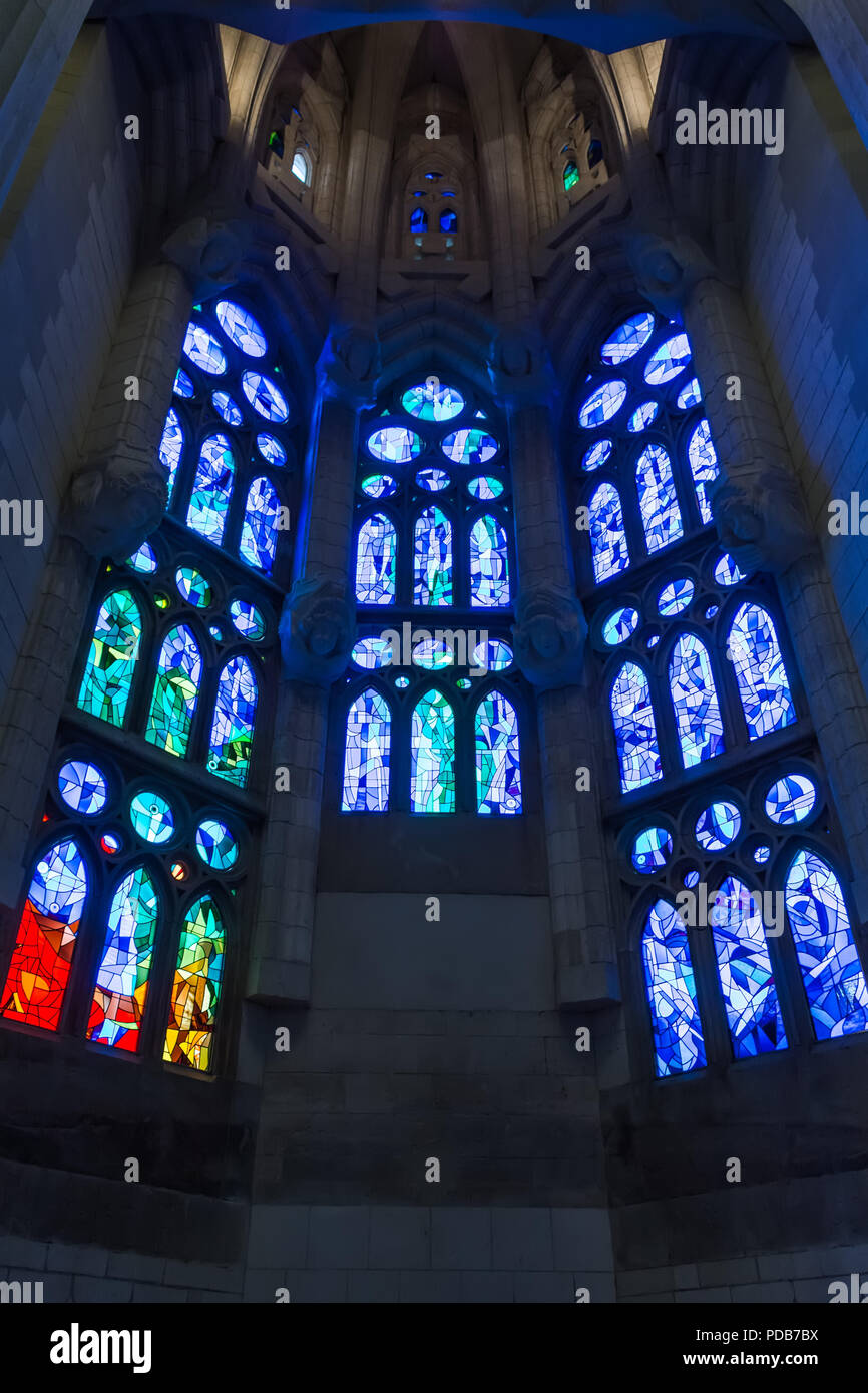 Colorful geometric stained glass windows in the Sagrada Familia - large ...