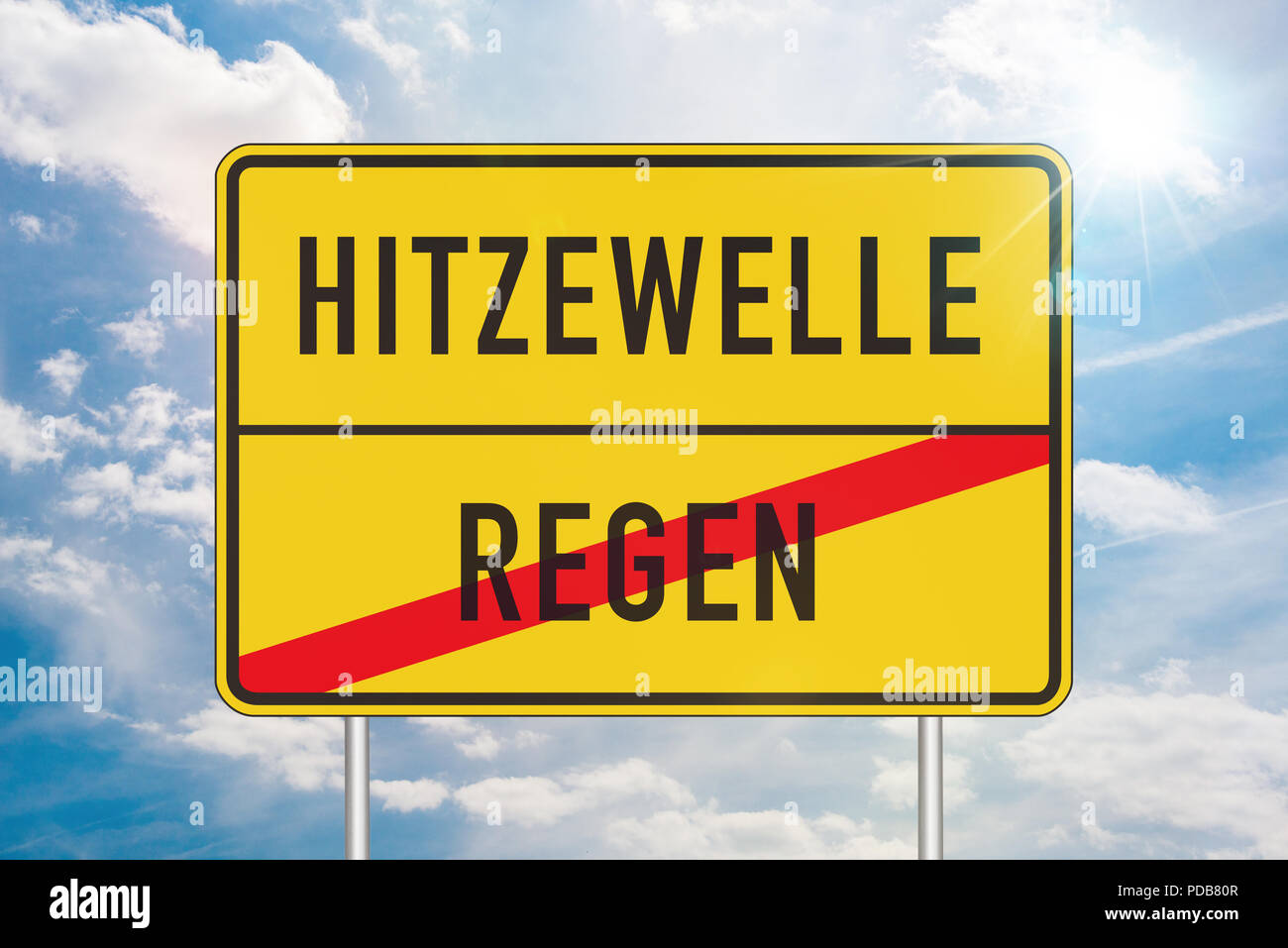 Yellow roadsign or place-name sign with heat wave and rain written in ...