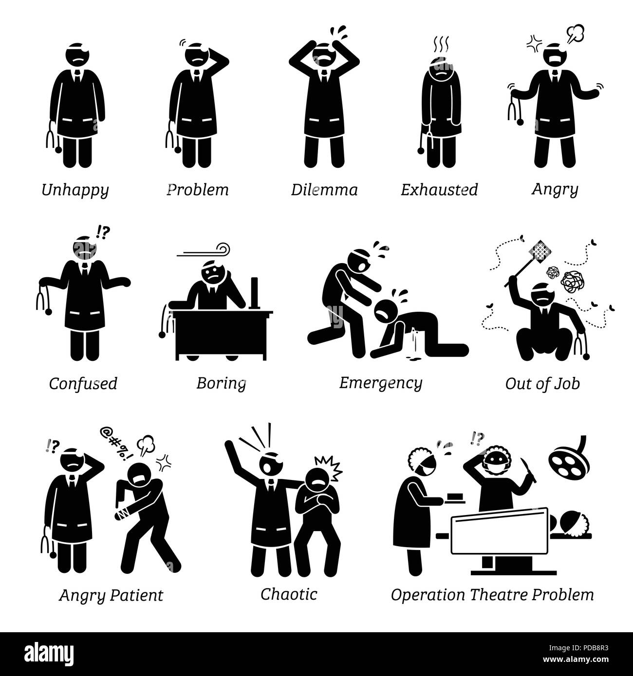 Busy and Unhappy Doctor. Stick figure pictogram depicts a doctor that ...