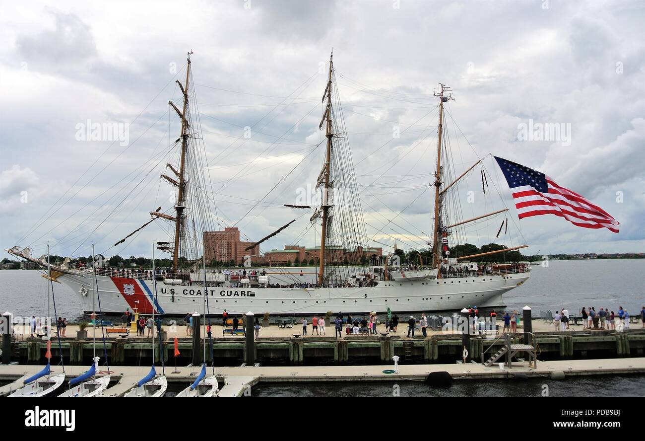 The USCGC Eagle docking at the pier located behind the Hampton Roads ...