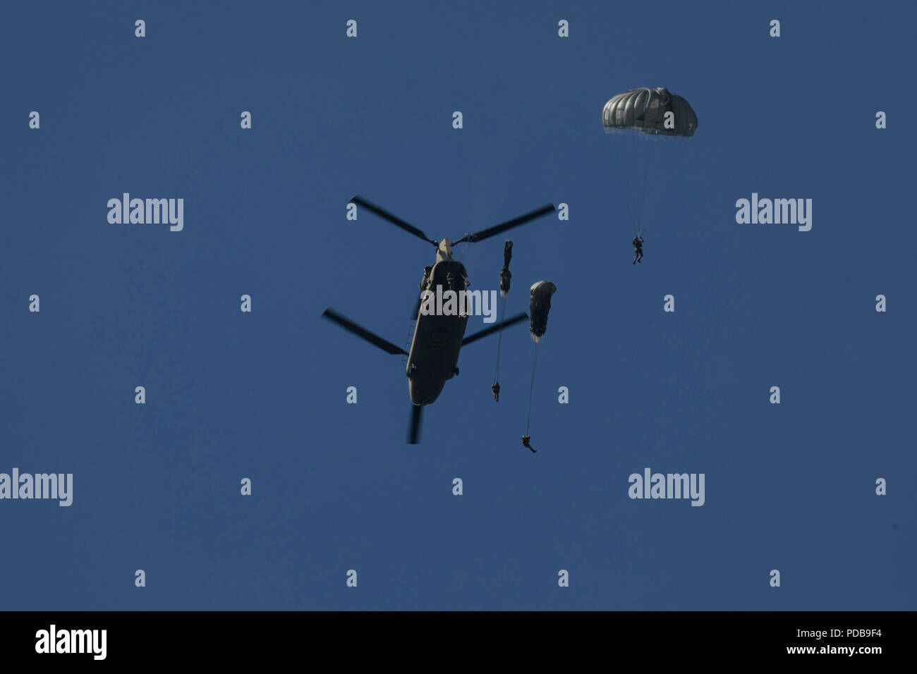 Paratroopers descend from a CH-47 Chinook helicopter onto Castle Drop ...