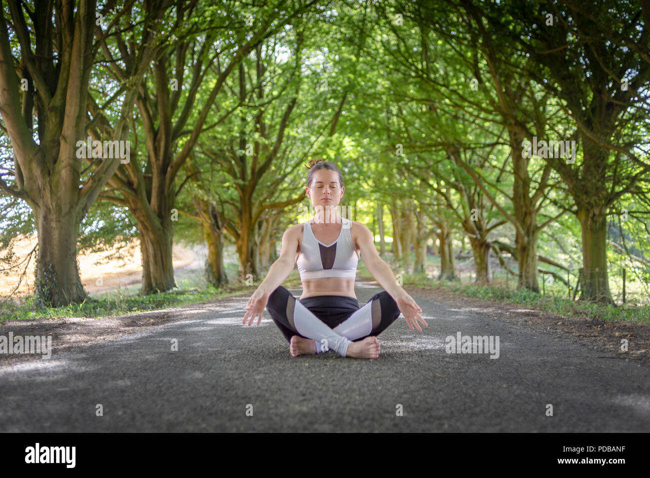 woman sitting meditating outside with trees Stock Photo - Alamy