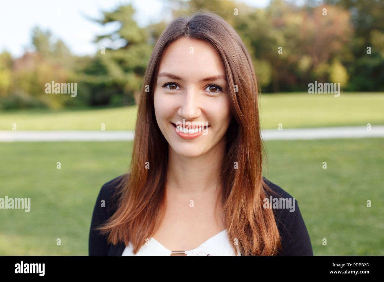 Closeup portrait of beautiful smiling young European Caucasian woman ...