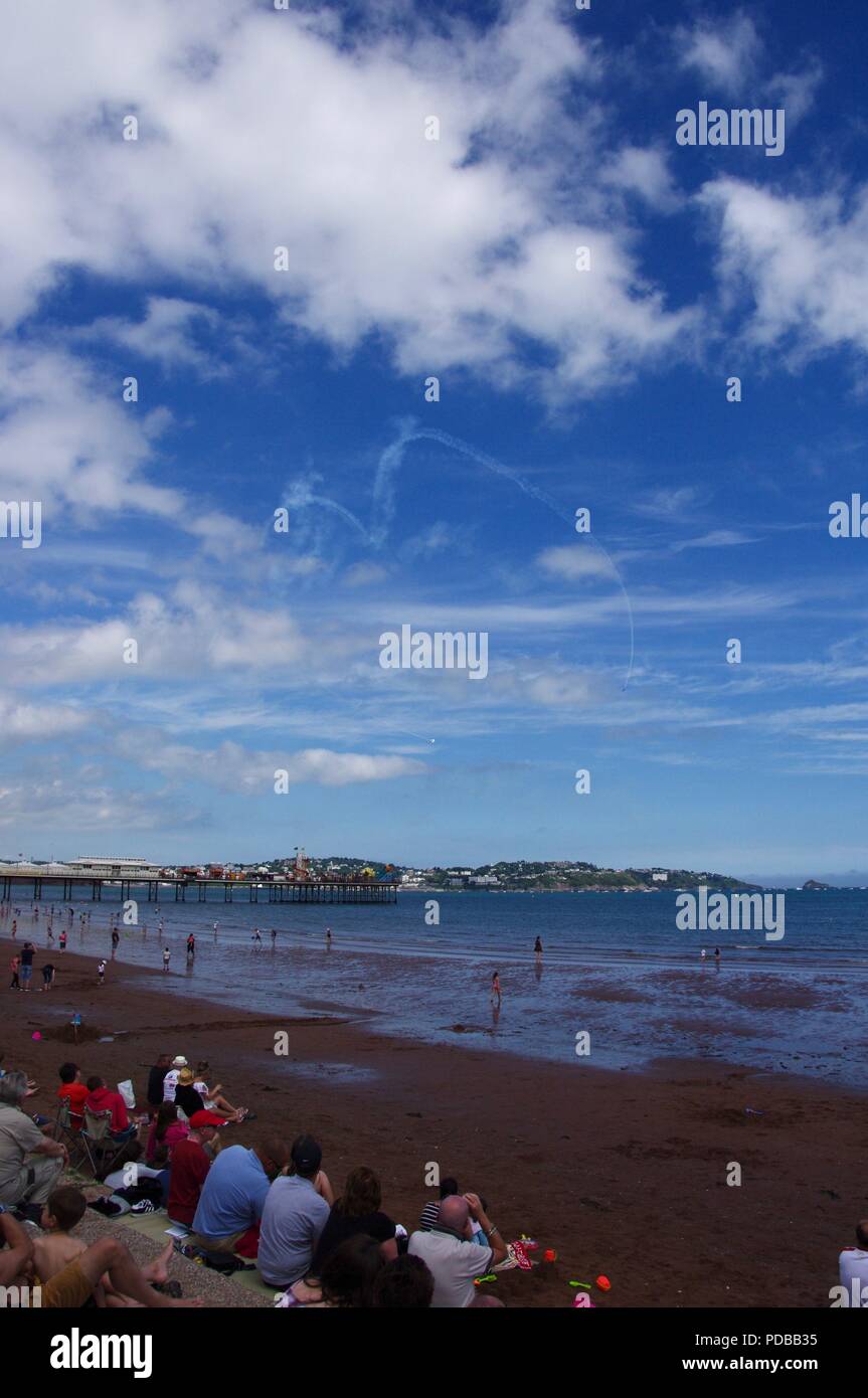 Smoke Trail in the Sky over Paignton Beach. Torbay Airshow, Devon, UK ...