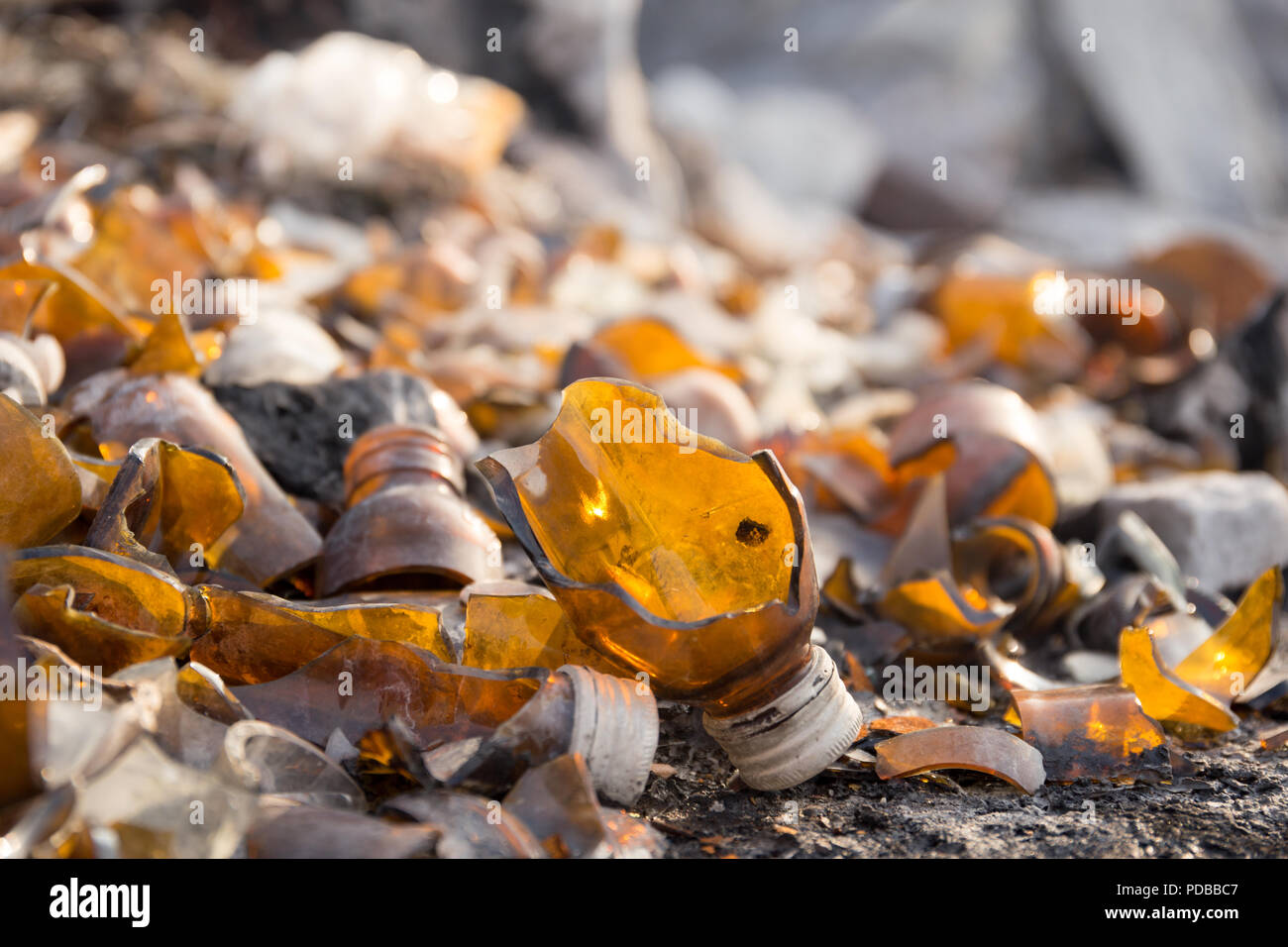 Broken glass bottles and can in garbage yard Stock Photo - Alamy