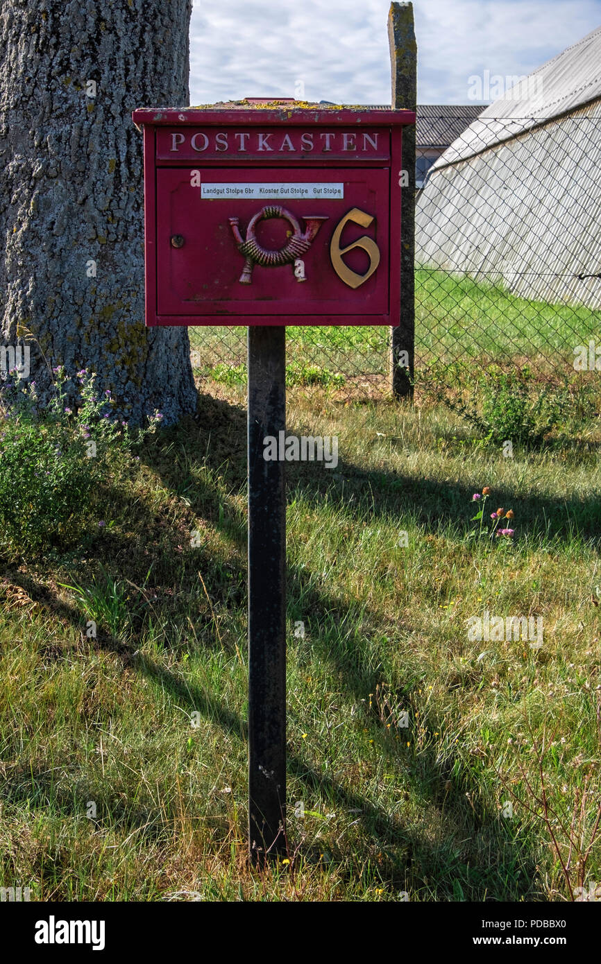 Germany, Stolpe an der Peene, Landgut Stolpe Estate. Old red post box ...