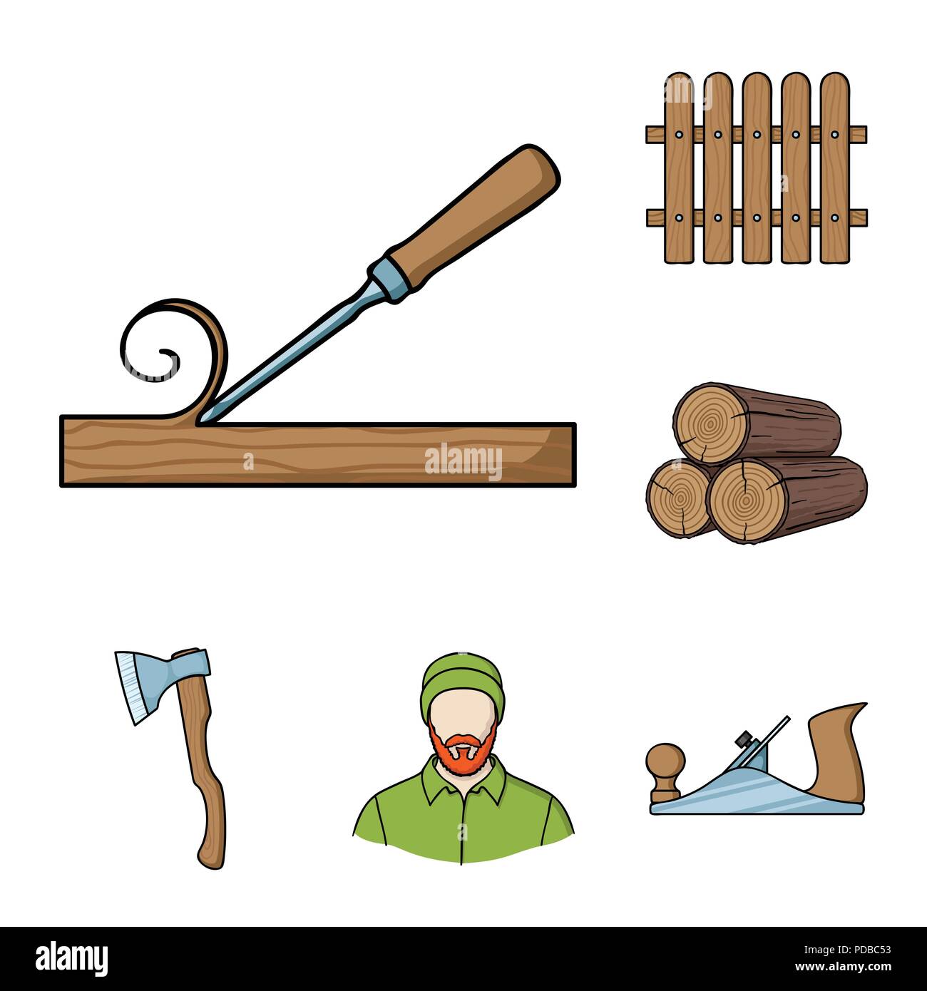 Sawmill and Timber cartoon icons in set collection for design. Hardware ...
