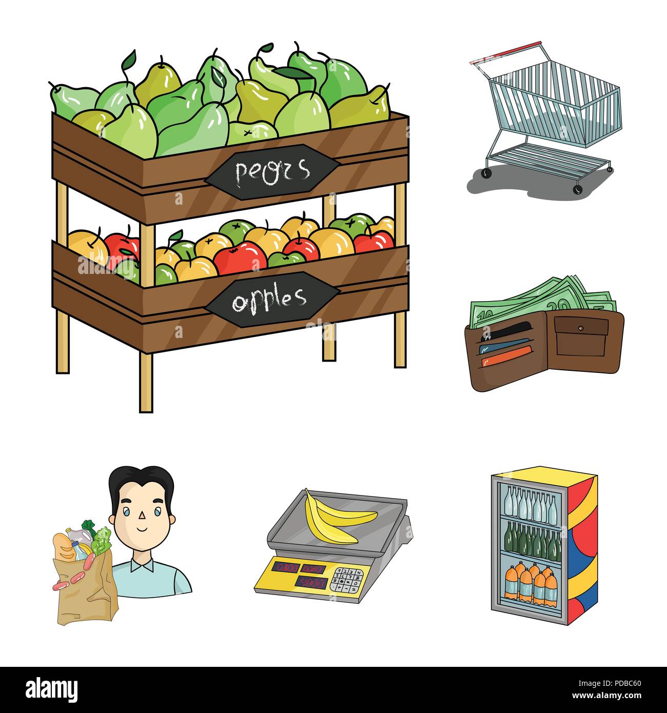 Supermarket and equipment cartoon icons in set collection for design ...