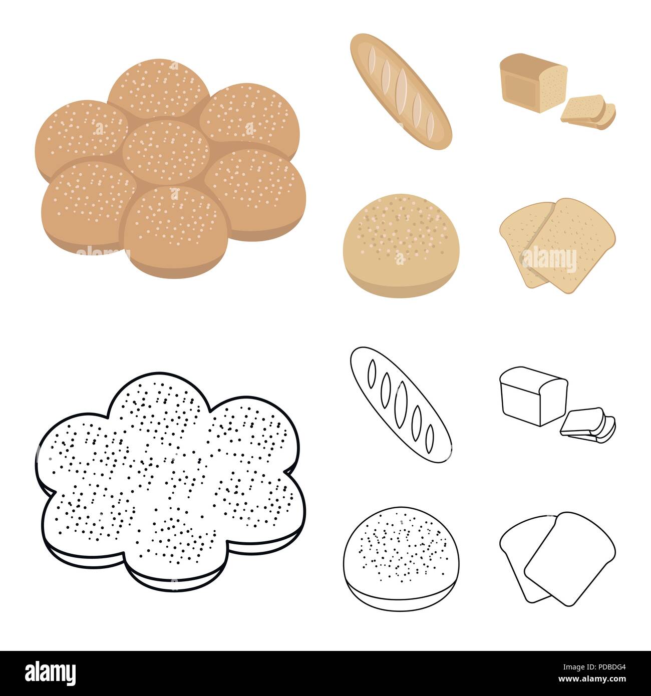 Cut loaf, bread roll with powder, half of bread, baking.Bread set ...